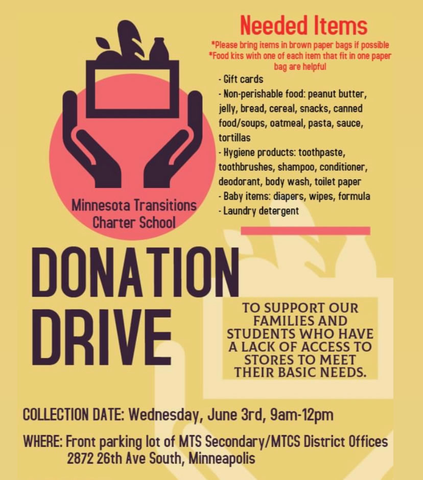 Donation Drive for MTCS students and families, Wednesday June 3, 9am-12pm